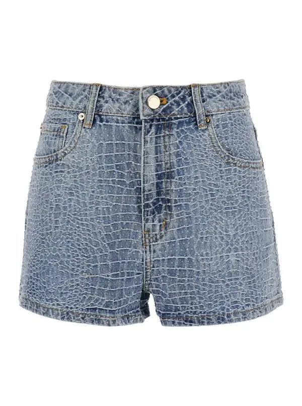 SELF-PORTRAIT Rhinestone Croc Effect Denim Shorts - Multicolor