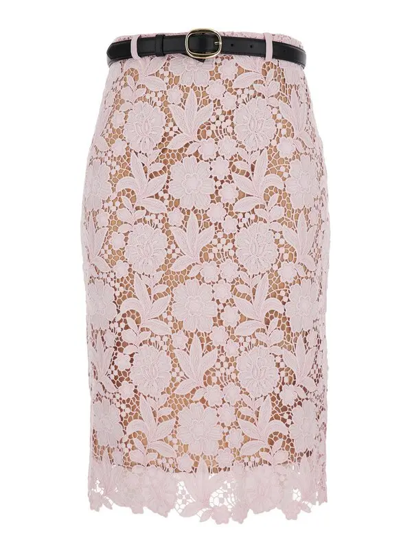 SELF-PORTRAIT Pink Lace Midi Dress With Gold Tone Buckle - Multicolor