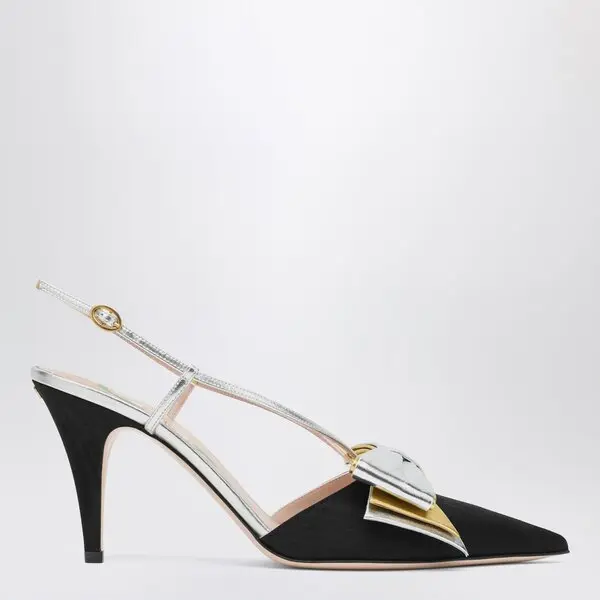 Valentino Garavani Moir Fabric Slingback Pumps With Gold And Silver Bow Detailing - Black