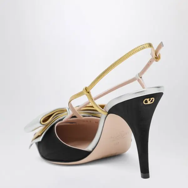Valentino Garavani Moir Fabric Slingback Pumps With Gold And Silver Bow Detailing
