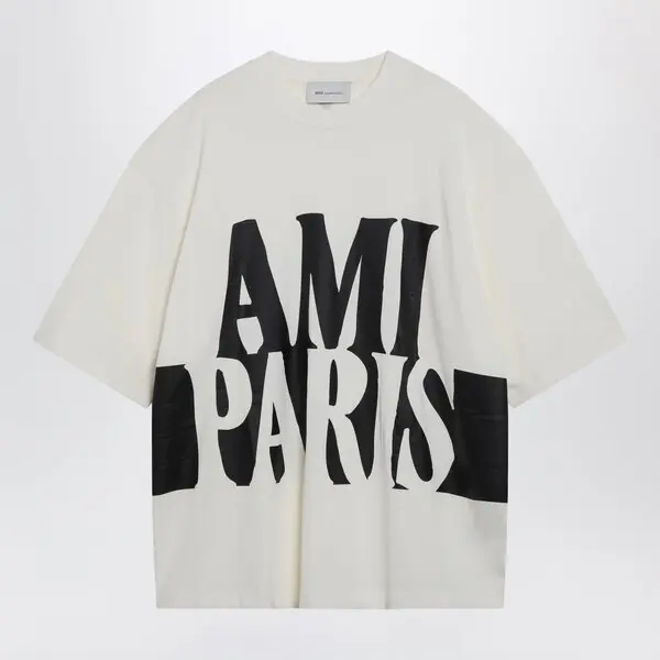 AMI Paris Cream T-shirt With Logo Print - White