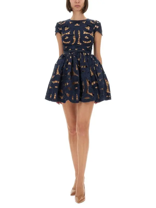 self portrait embroidered dress Blue Cotton Embroidered Mini Dress  self-portrait-US