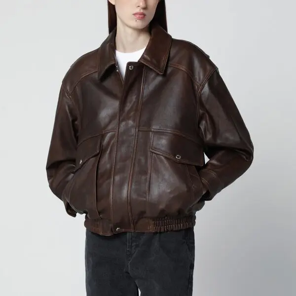 DUNST Leather Bomber Jacket With Vintage Effect - Brown