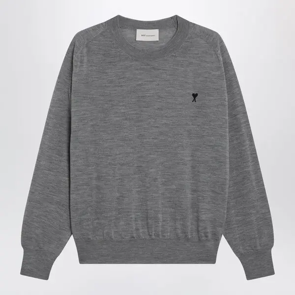 Ami Merino Wool Crewneck Sweater With De Coeur Embroidery