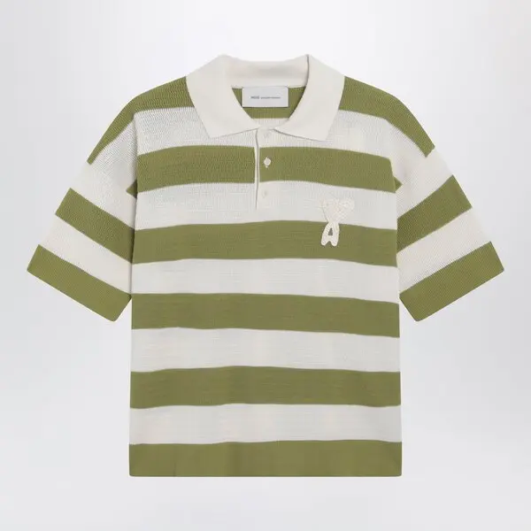 AMI Paris De Coeur Striped Cotton Knit Polo Shirt - White