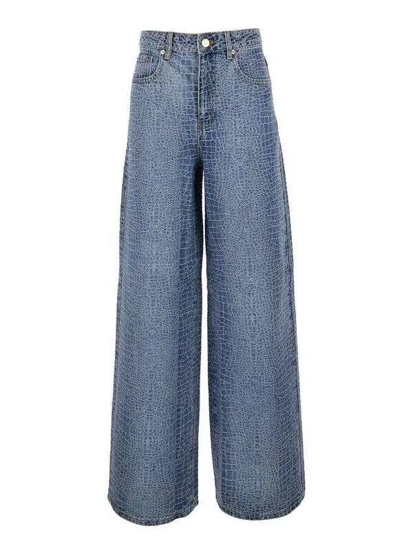 SELF-PORTRAIT Rhinestone Croc Effect Wide Leg Jeans