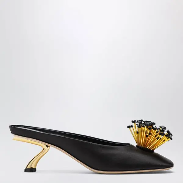FERRAGAMO Satin Mules With Sculptural Heel And Crystal Flower - Black