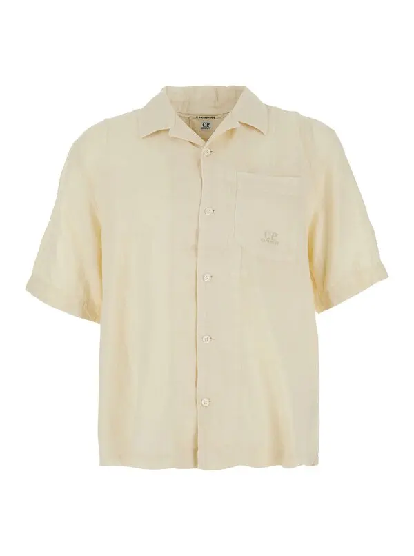 C.P. COMPANY Beige Shirt With Logo Print On The Front In Linen - Multicolor