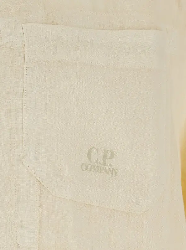 C.P. COMPANY Beige Shirt With Logo Print On The Front In Linen
