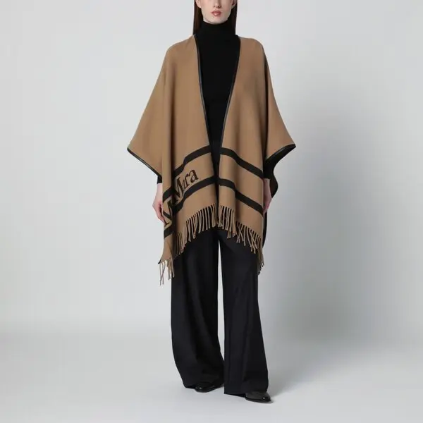 Max Mara Camel Jacquard Wool Poncho With Leather Trim And Fringe - Brown