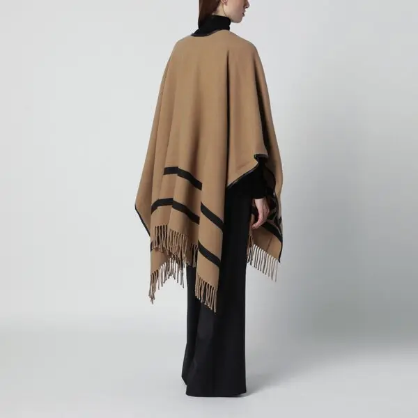 Max Mara Camel Jacquard Wool Poncho With Leather Trim And Fringe - Brown