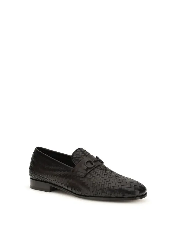 FERRAGAMO Woven Gancini Loafers - Brown