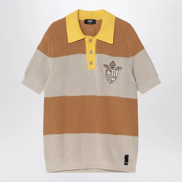 Fendi Knitted Cotton Polo Shirt With Sand And Beige Stripes - Gray