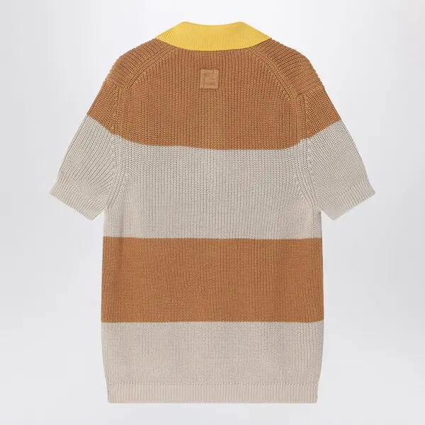 Fendi Knitted Cotton Polo Shirt With Sand And Beige Stripes - Gray