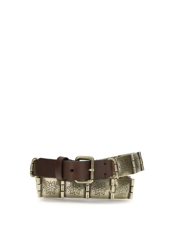 Etro Engraved Metal And Leather Belt - Brown