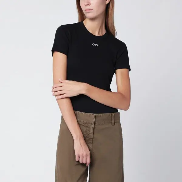 Off-White Cotton Ribbed T-shirt With Embroidered Logo