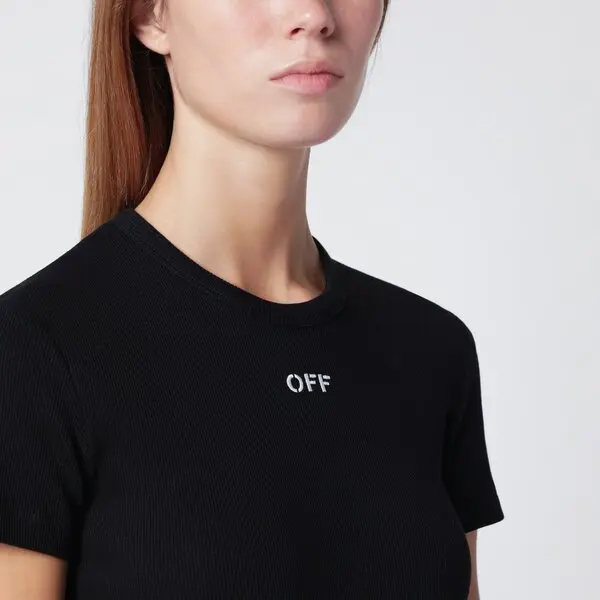 Off-White Cotton Ribbed T-shirt With Embroidered Logo