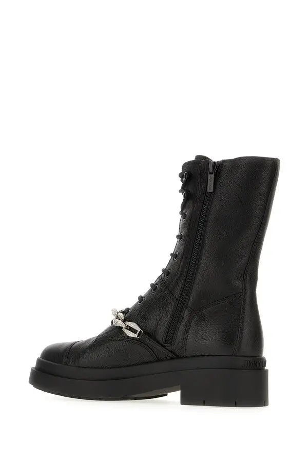 JIMMY CHOO Black Leather Combat Boots With Chain Detail