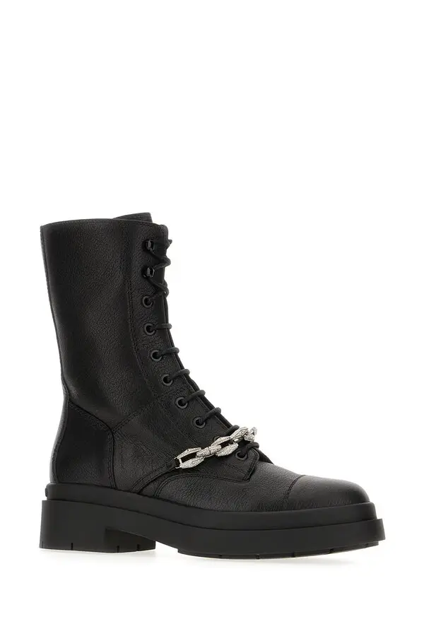 JIMMY CHOO Black Leather Combat Boots With Chain Detail