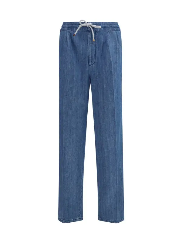 Brunello Cucinelli Lightweight Denim Pants With Double Pleats And Drawstring - Blue