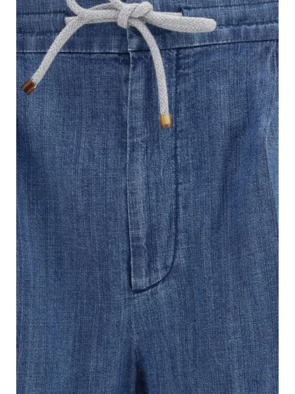 Brunello Cucinelli Lightweight Denim Pants With Double Pleats And Drawstring - Blue
