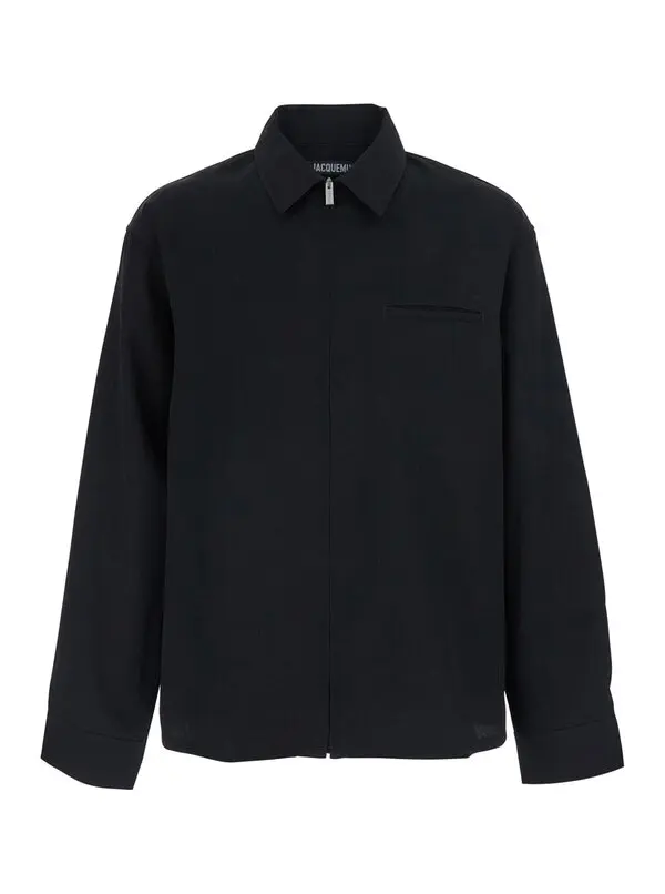 Jacquemus La Chemise Mecano' Black Shirt With Zip Closure And Maxi Logo Lettering On The Back In Wool For - Multicolor