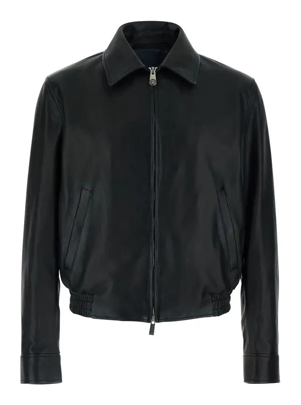 Versace Leather Jacket With High Collar And Zip Closure