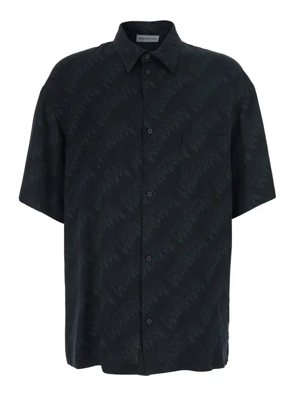 Balenciaga Shirt 'creeper' With Classic Collar And All-over Logo Motif In Viscose For - Black