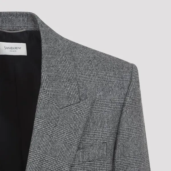 Saint Laurent Grey Checkered Wool Blazer - Black