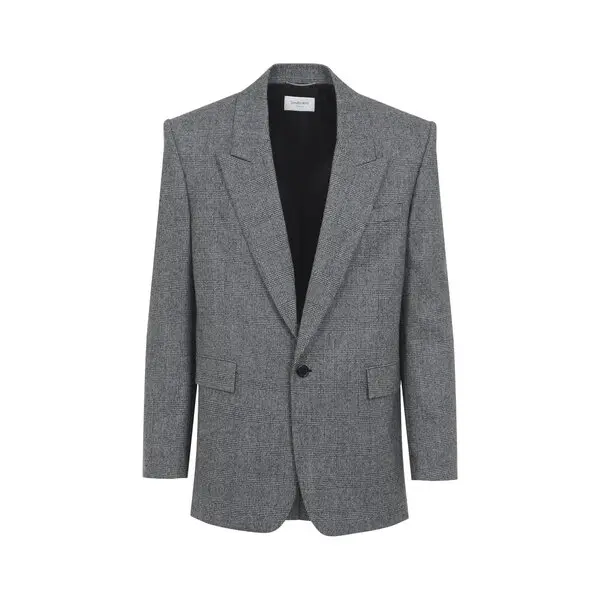Saint Laurent Grey Checkered Wool Blazer - Black
