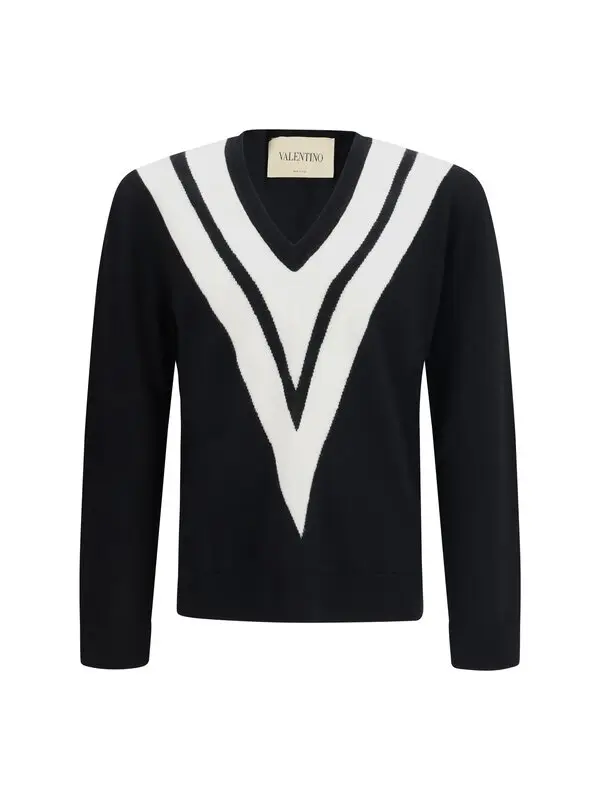 Valentino Garavani Virgin Wool Sweater With Intarsia V Detail - Black