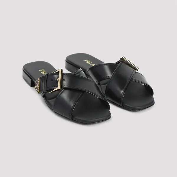 Prada Calf Leather Sandals With Gold-tone Buckle - Black