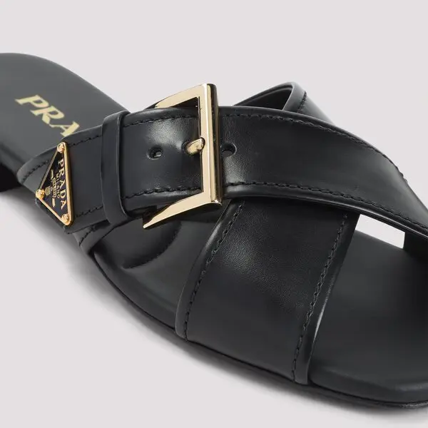 Prada Calf Leather Sandals With Gold-tone Buckle - Black