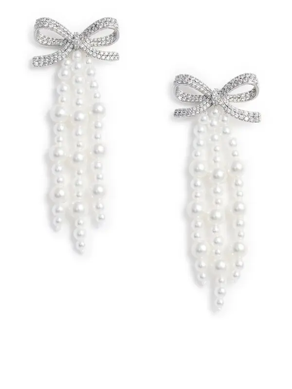 SELF-PORTRAIT Crystal And Pearl Embellished Bow Cascade Earrings - Silver