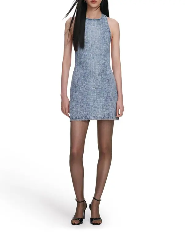 SELF-PORTRAIT Crocodile-effect Denim Mini Dress - Multicolor