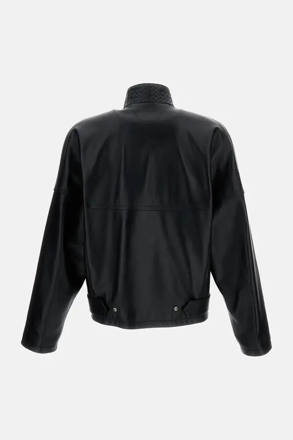 Bottega Veneta Black Leather Jacket With Braided Collar - Multicolor