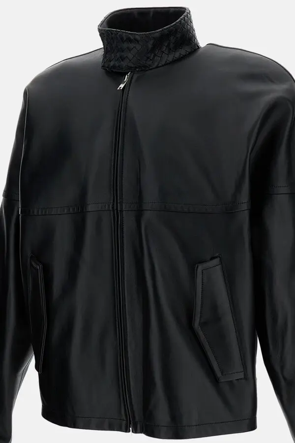 Bottega Veneta Black Leather Jacket With Braided Collar - Multicolor