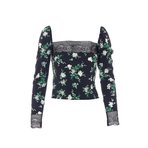 Dolce & Gabbana Floral Print Lace Trimmed Top - Black
