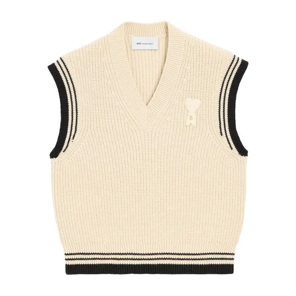 Ami Ribbed Knit V-neck Sleeveless Vest With Striped Trims - Cream