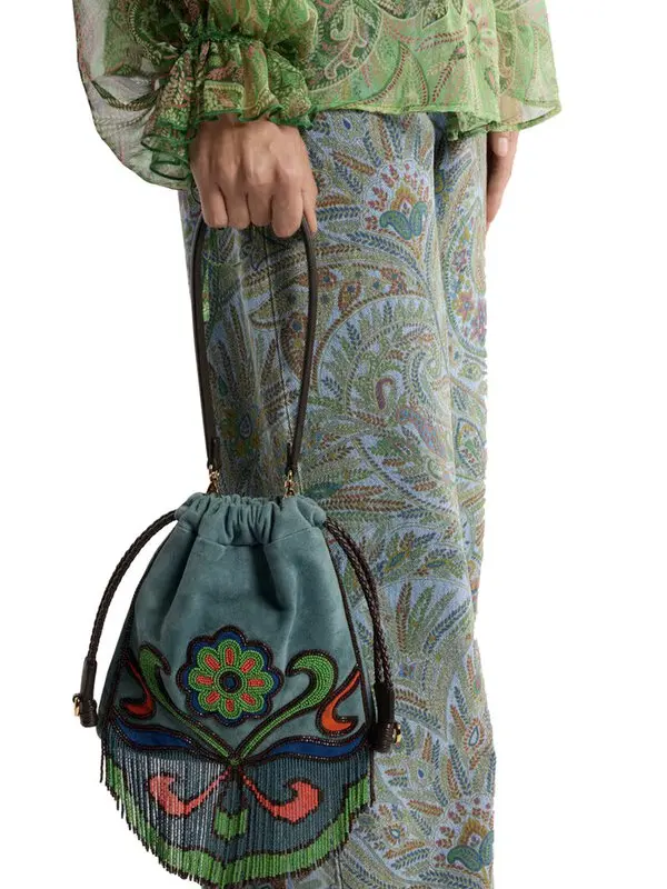 Etro Kalispera Small Suede Bag With Beads And Fringes - Multicolor