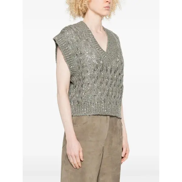 Brunello Cucinelli Sequin Embellished V-neck Knit Vest