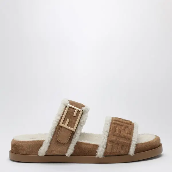 Fendi Bronze Suede And Shearling Slide Sandals With Ff Motif - Brown