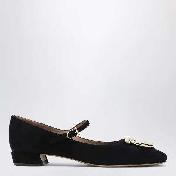 FERRAGAMO Gancini Heeled Ballerina In Suede - Black