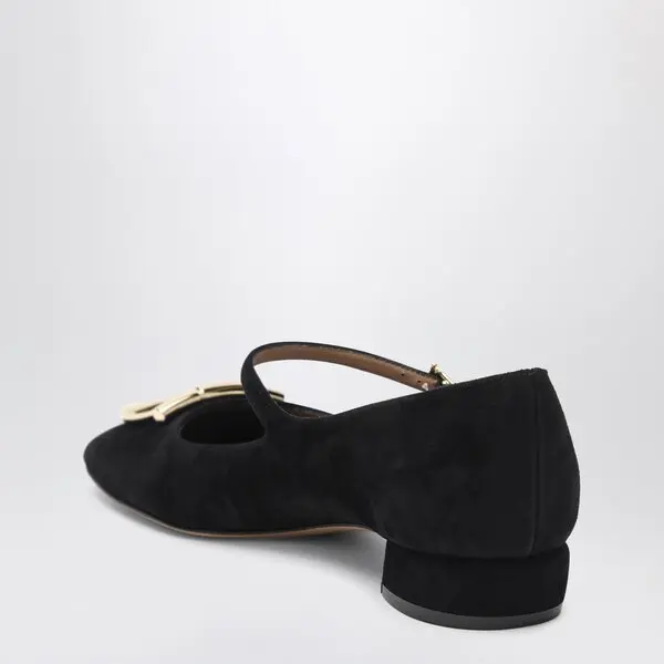 FERRAGAMO Gancini Heeled Ballerina In Suede - Black