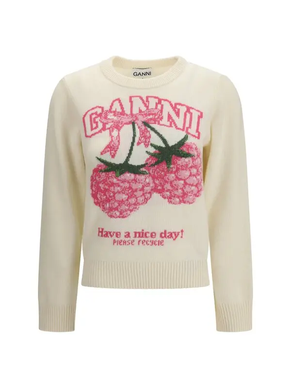 GANNI Crewneck Sweatshirt With Raspberry Print And Rhinestone Embellishments