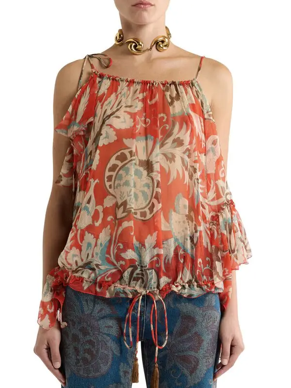 Etro Single-sleeved Silk Top With Floral Pattern