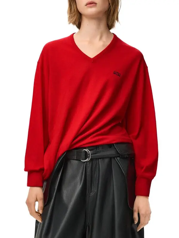 Loewe Draped Merino Wool V-neck Sweater - Red