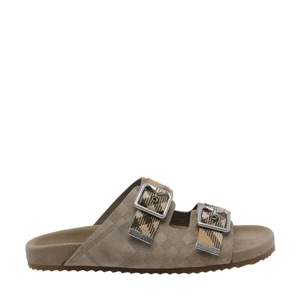 Burberry Suede Sandals With Tartan Check And Buckle Closure - Cream