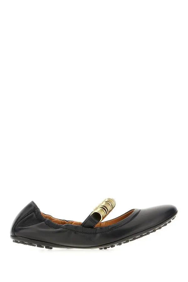 TOD'S Black Leather Ballerina Flats With Gold Tone Detail - Multicolor