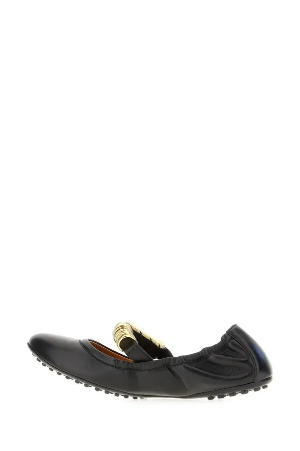 TOD'S Black Leather Ballerina Flats With Gold Tone Detail - Multicolor